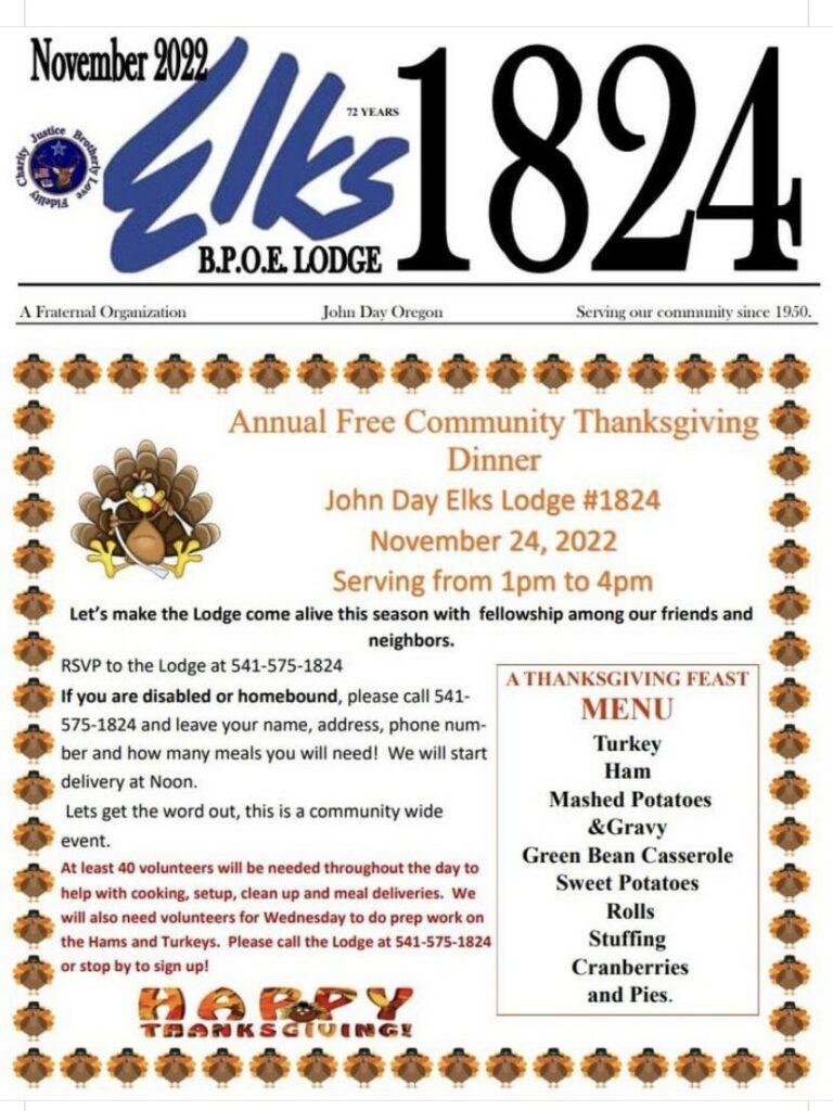 John Day Elks Lodge #1824 Annual Thanks Giving Dinner – Grant County ...