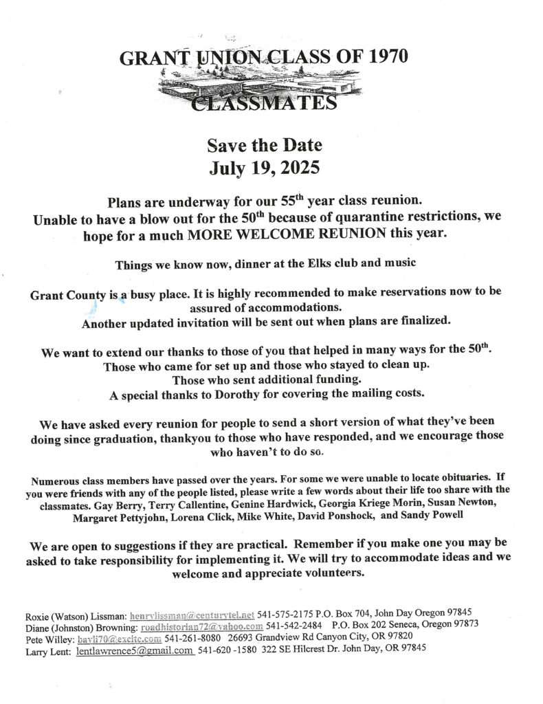 Grant Union Class of 1970 Reunion – Grant County Oregon Chamber of Commerce